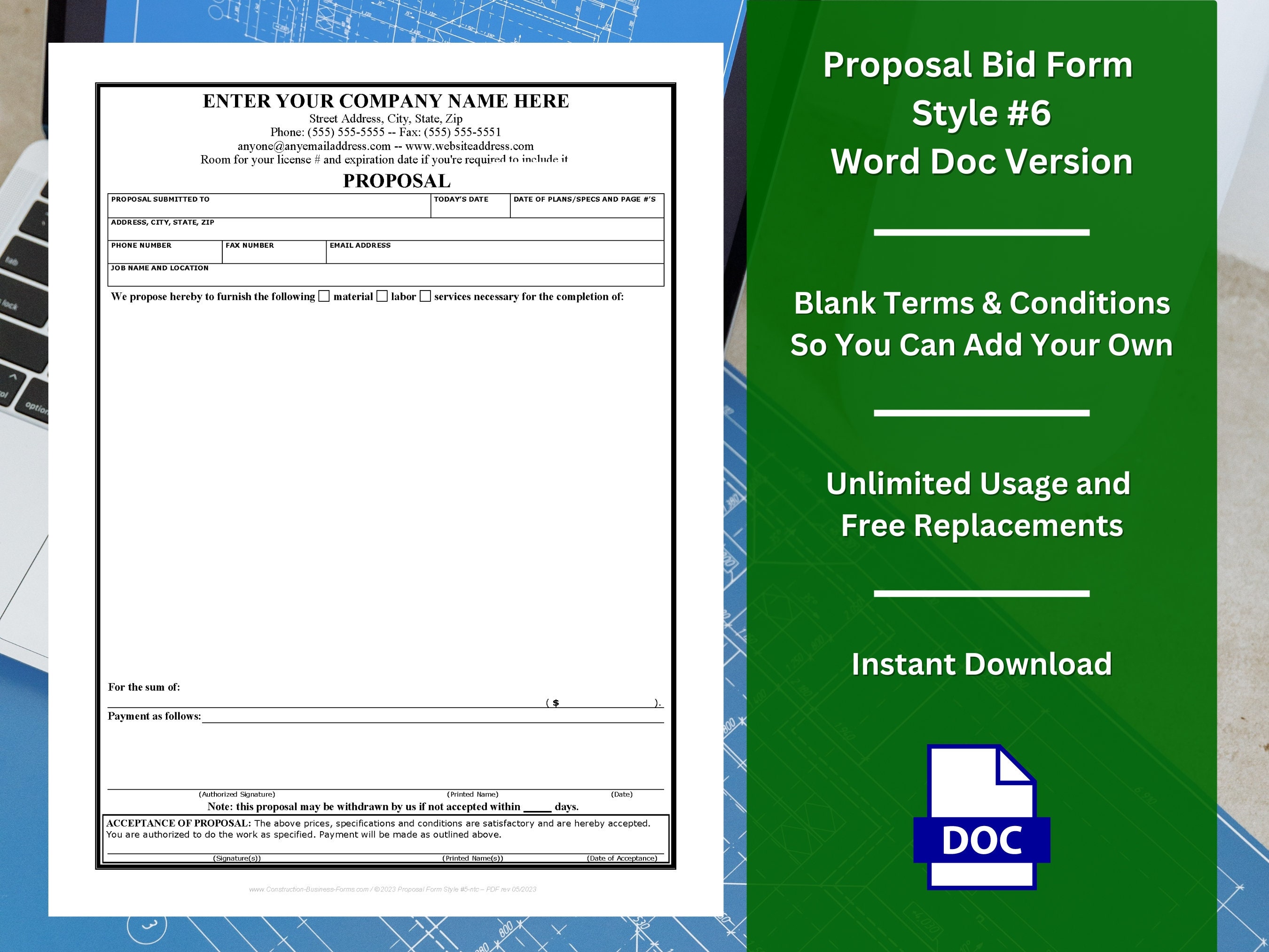 Proposal Bid Form Template W/ Fillable Terms & Conditions - Style #6 ...