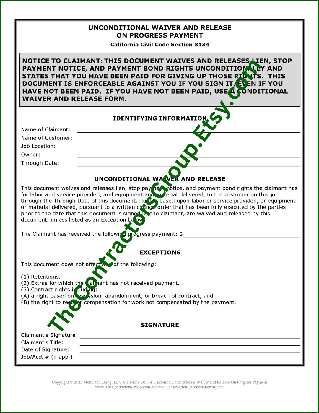 Unconditional Progress Waiver and Release California Form for ...