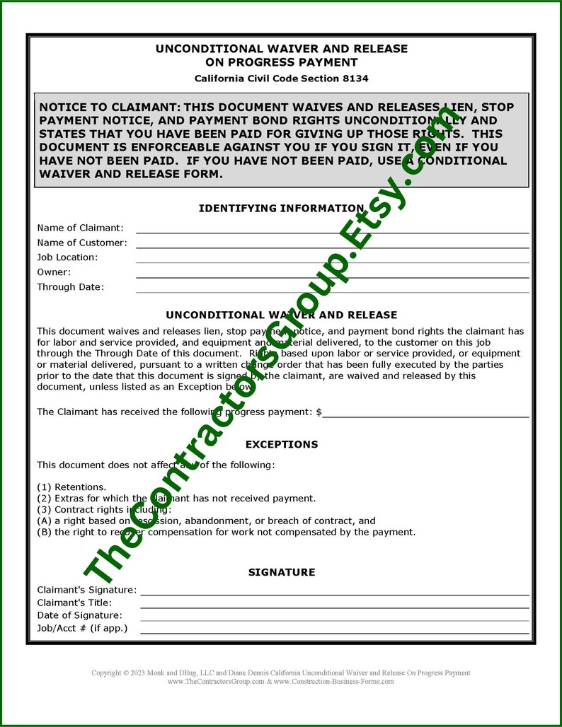 California Unconditional Progress Waiver and Release Form (PDF & DOC ...