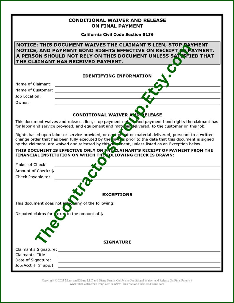 Conditional & Unconditional ALL 4 Waiver Release Forms for Progress and ...