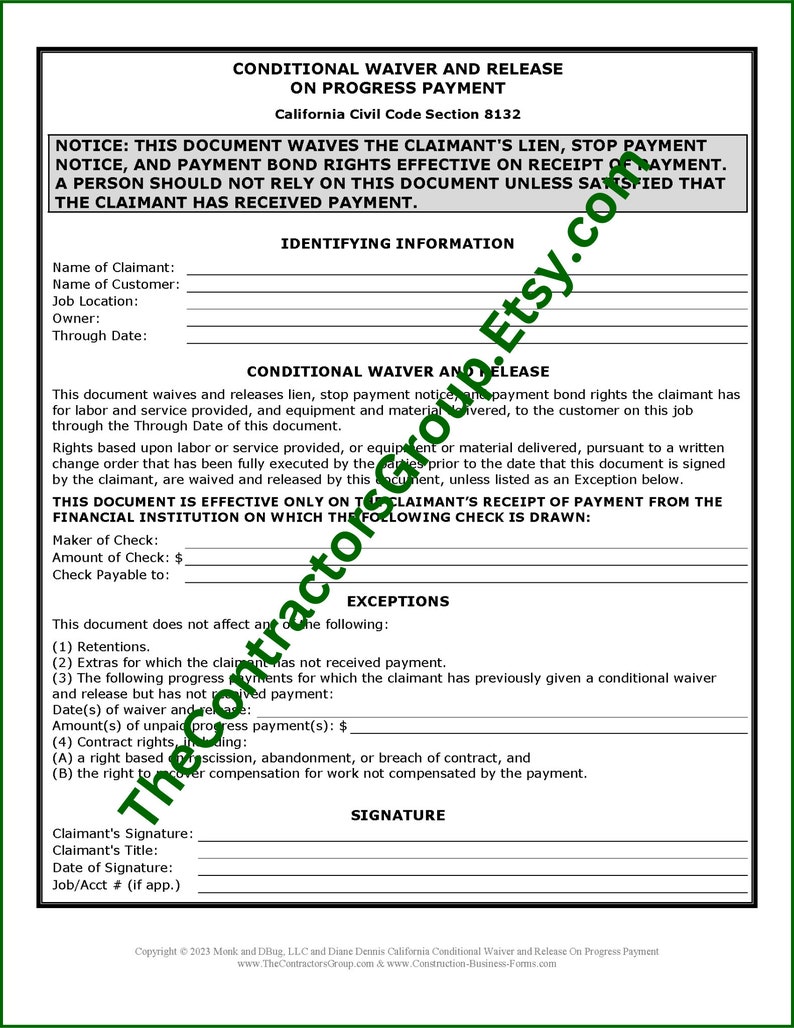 Conditional & Unconditional ALL 4 Waiver Release Forms for Progress and ...