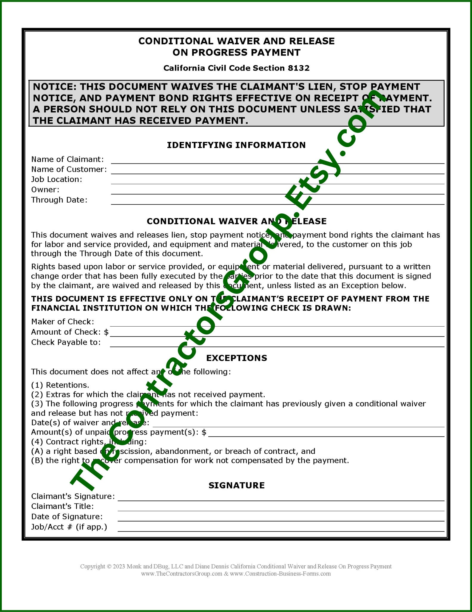 Conditional & Unconditional ALL 4 Waiver Release Forms for Progress and ...