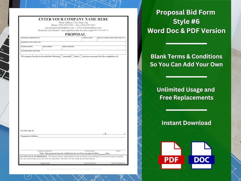 Bid Proposal Template W/ Fillable Terms and Conditions - Style #6 ...