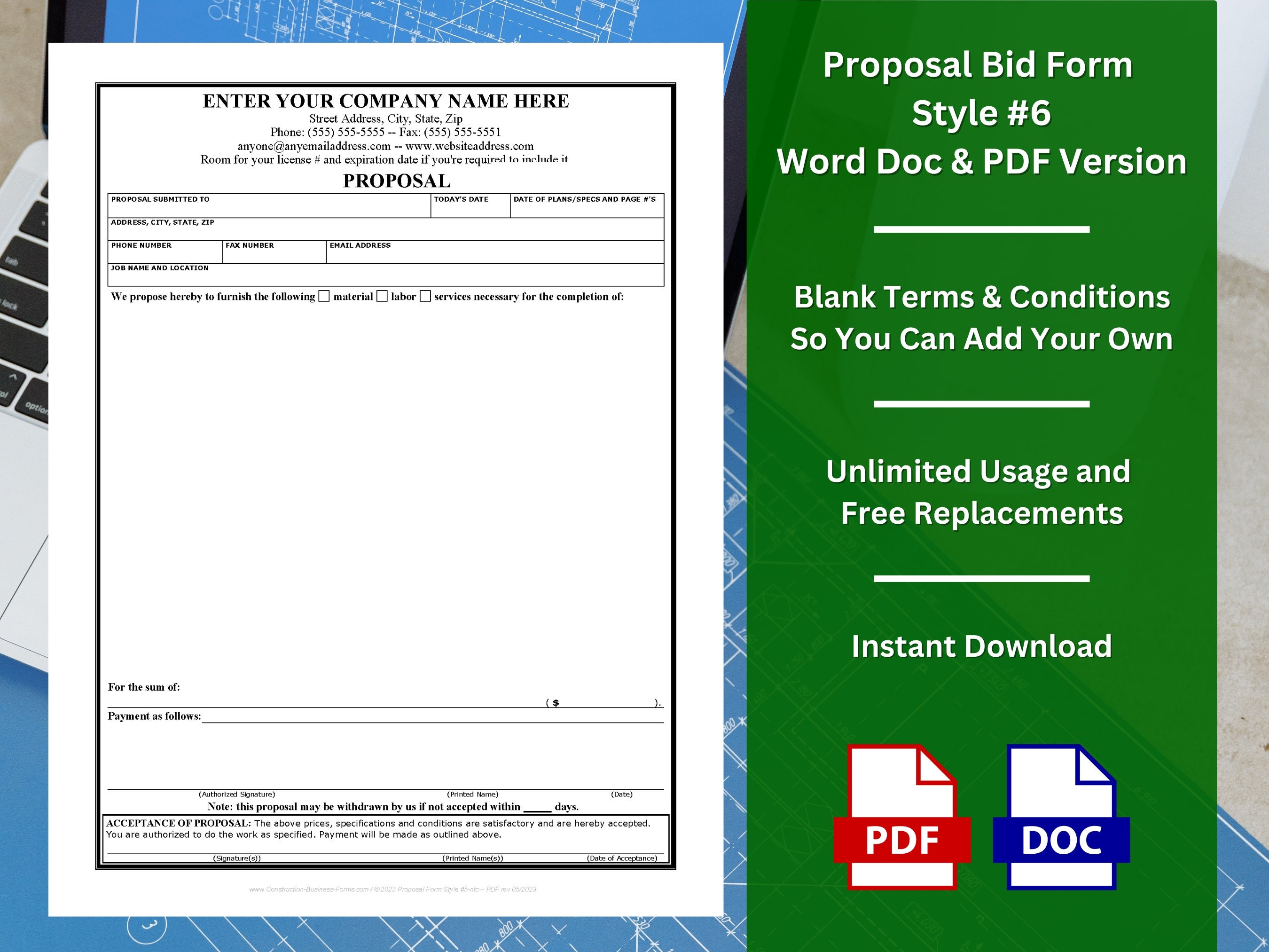 Bid Proposal Template W/ Fillable Terms and Conditions - Style #6 ...