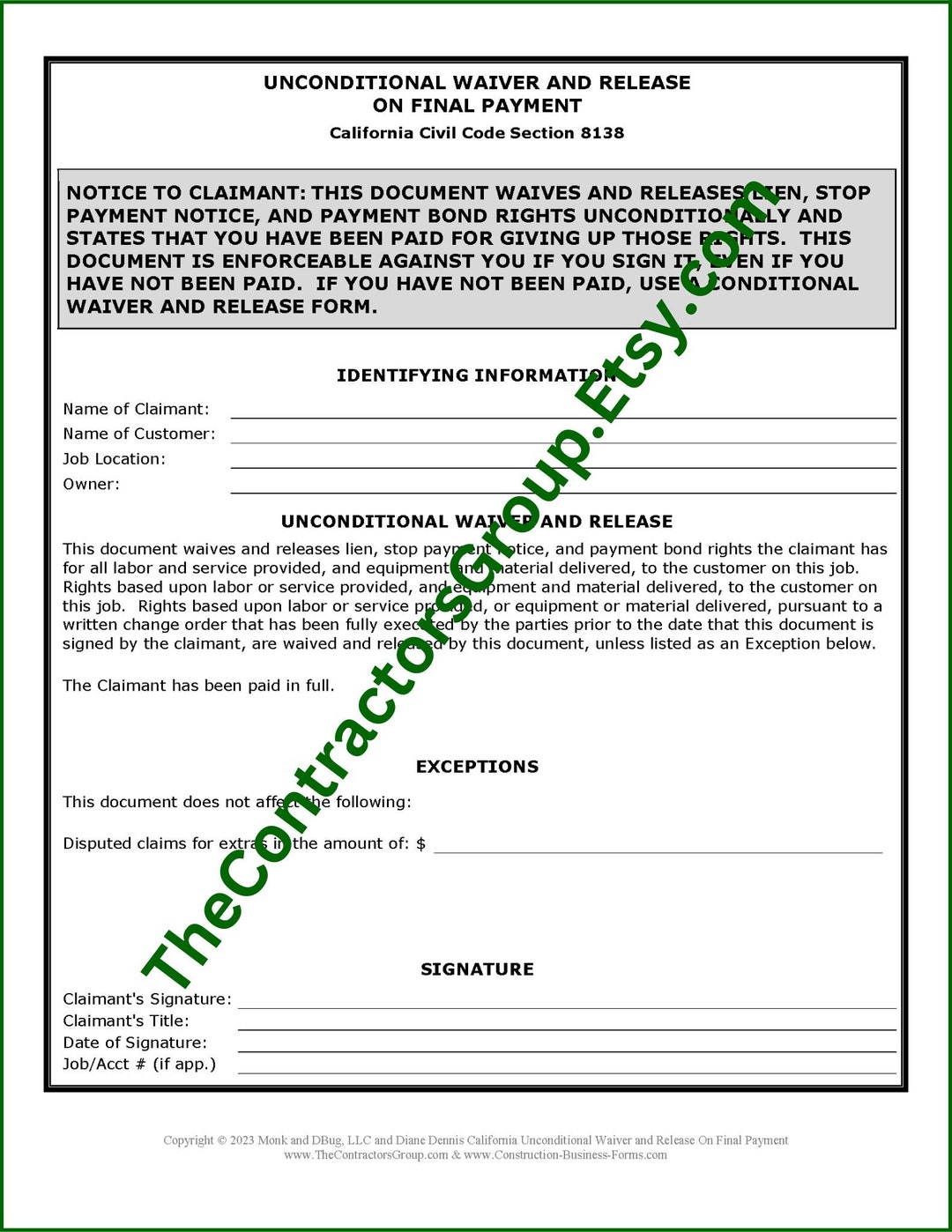 Unconditional Final Waiver and Release California Form for Construction Contractors and ...