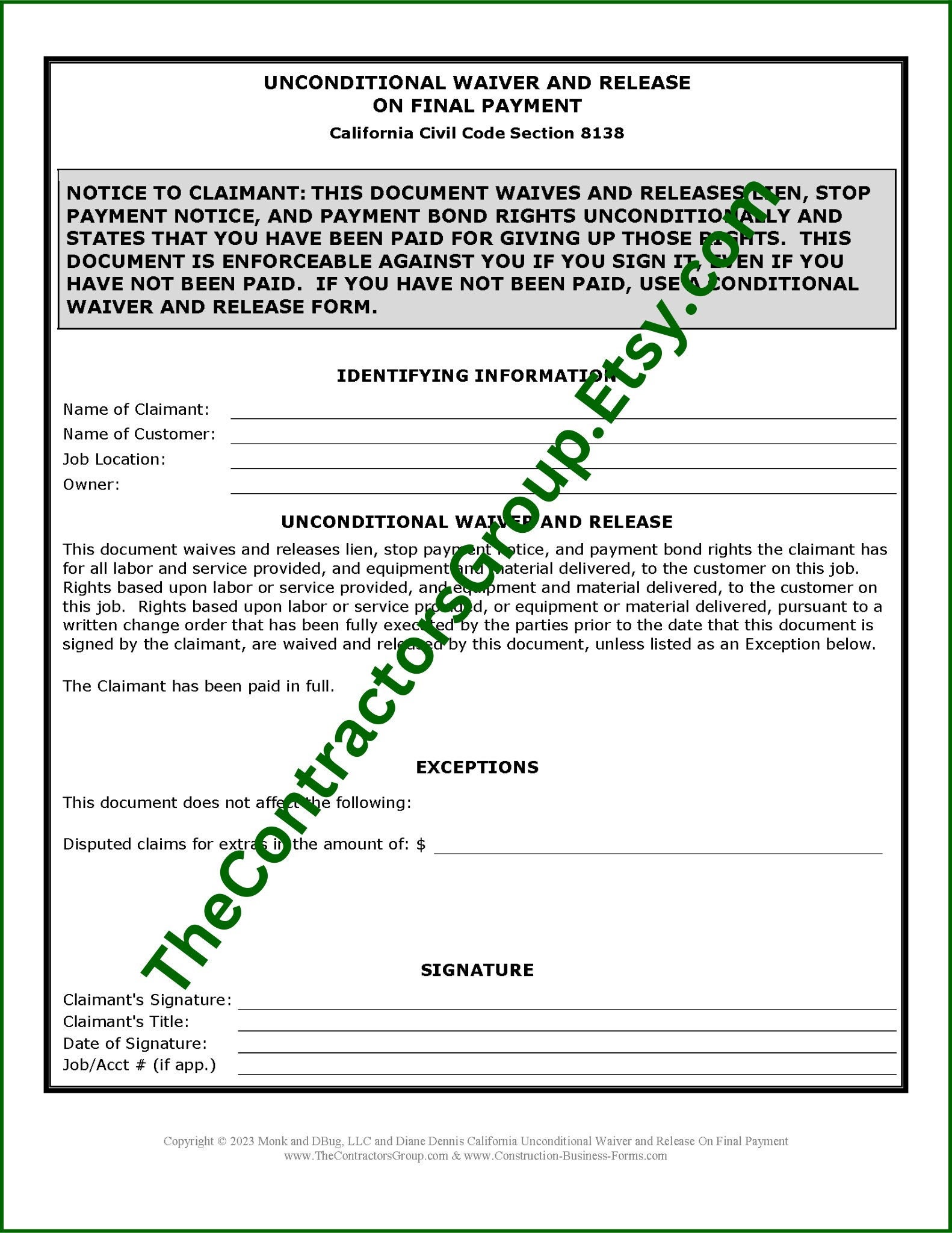 Unconditional Final Waiver and Release California Form for Construction ...