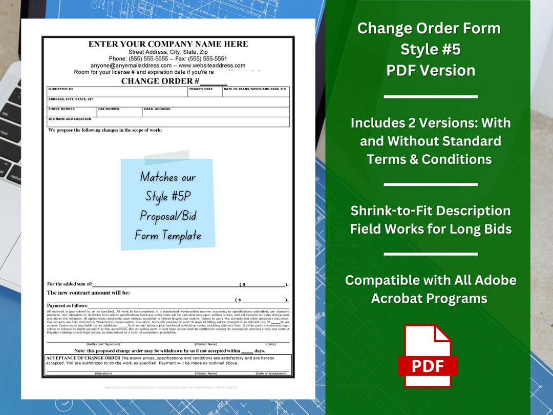 Change Order Form Template W/ Editable Terms and Conditions W ...
