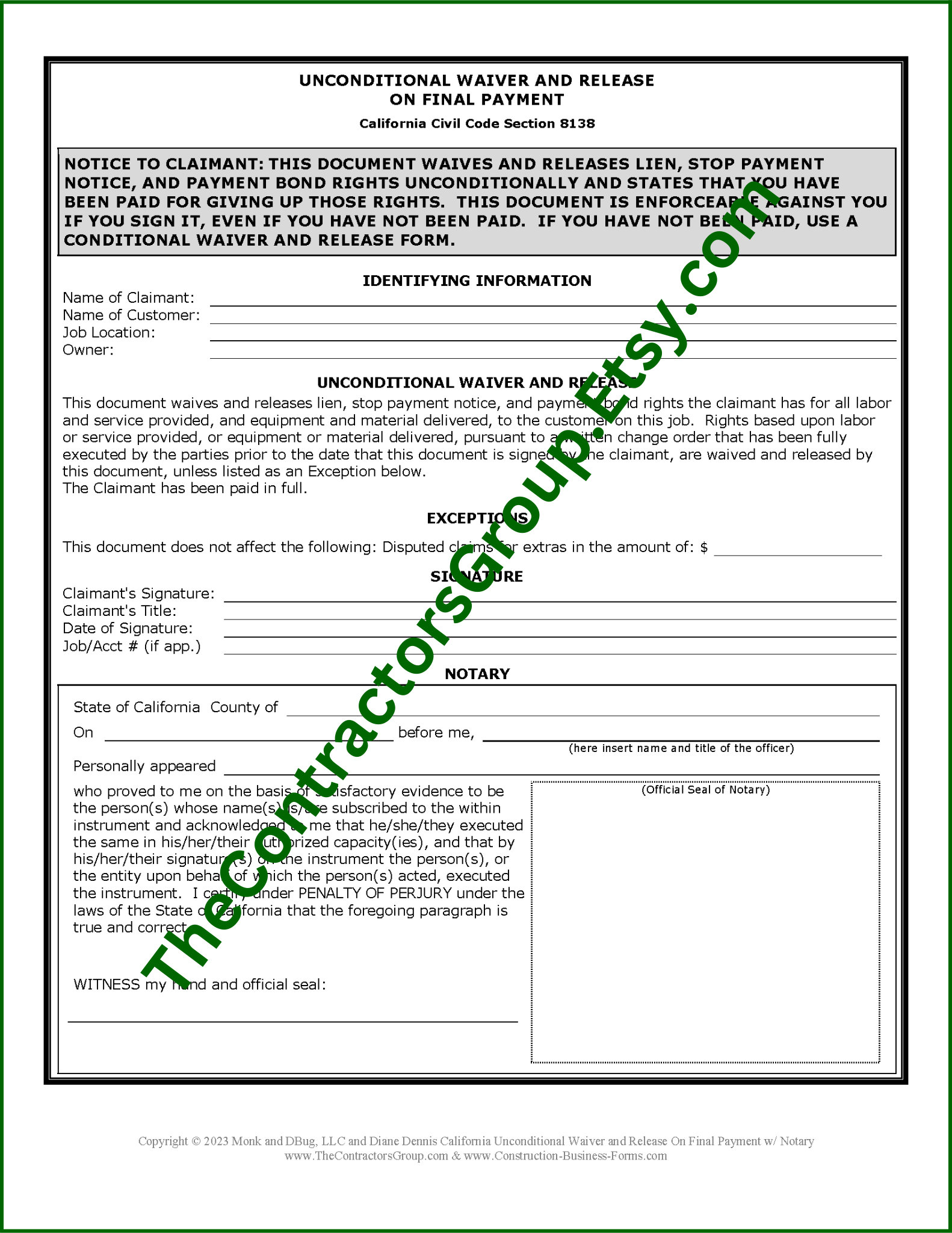 Conditional & Unconditional ALL 4 Waiver Release Forms for Progress and ...