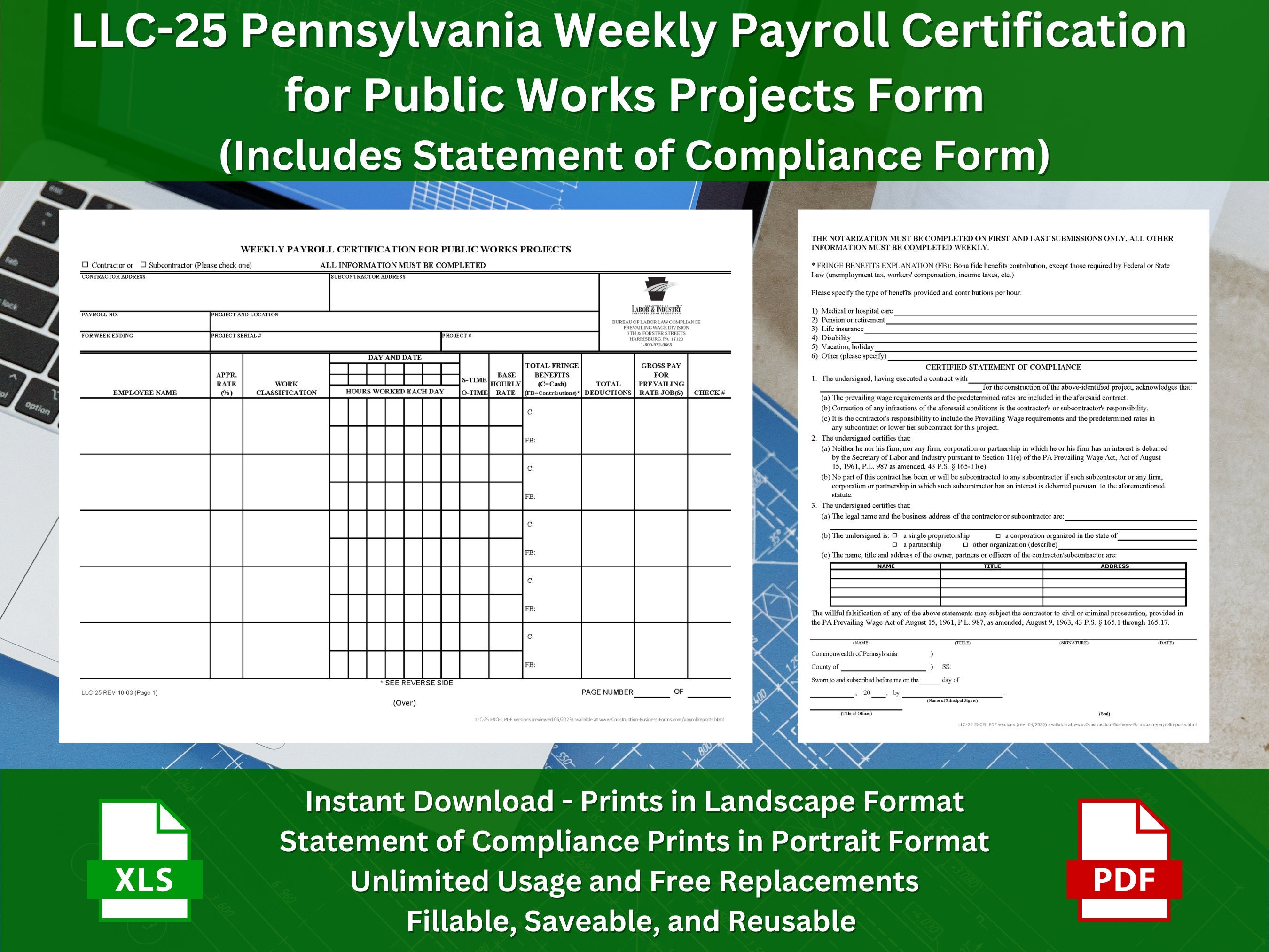 LLC-25 Pennsylvania Weekly Payroll Certification for Public Works ...