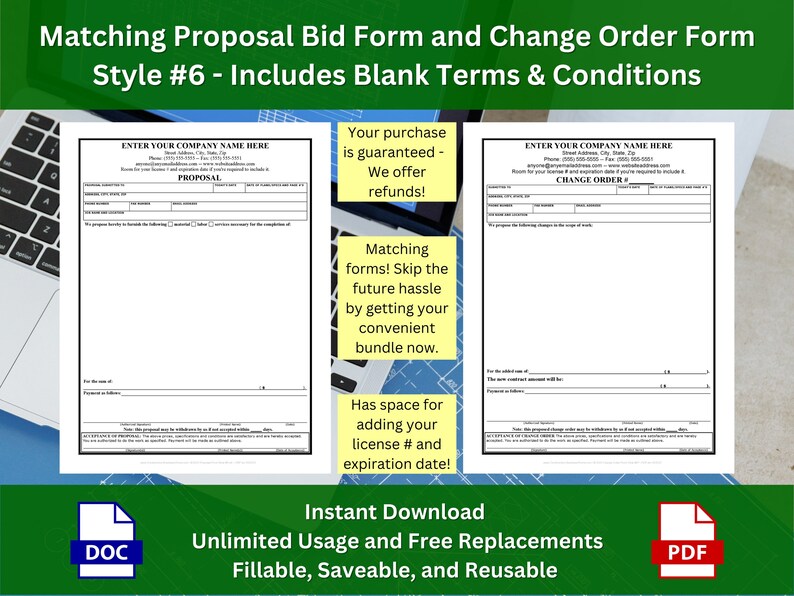 Proposal and Change Order Form Template Set W/ Fillable Terms and ...