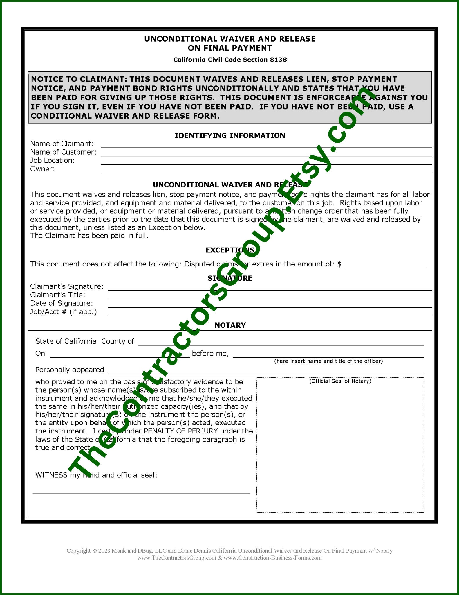 Unconditional Final Waiver and Release California Form for Construction Contractors and ...