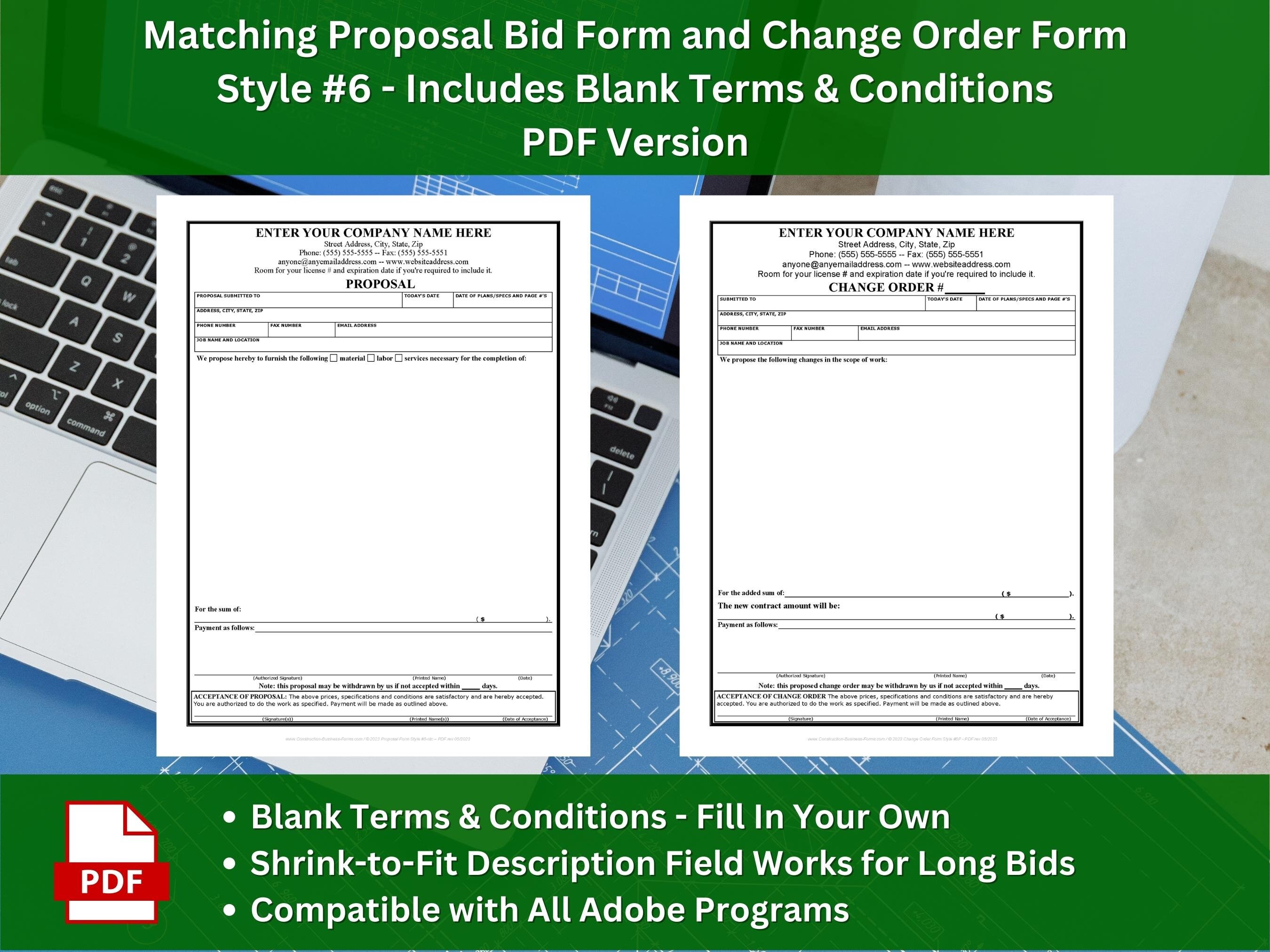 Proposal and Change Order Form Template Set W/ Fillable Terms and ...
