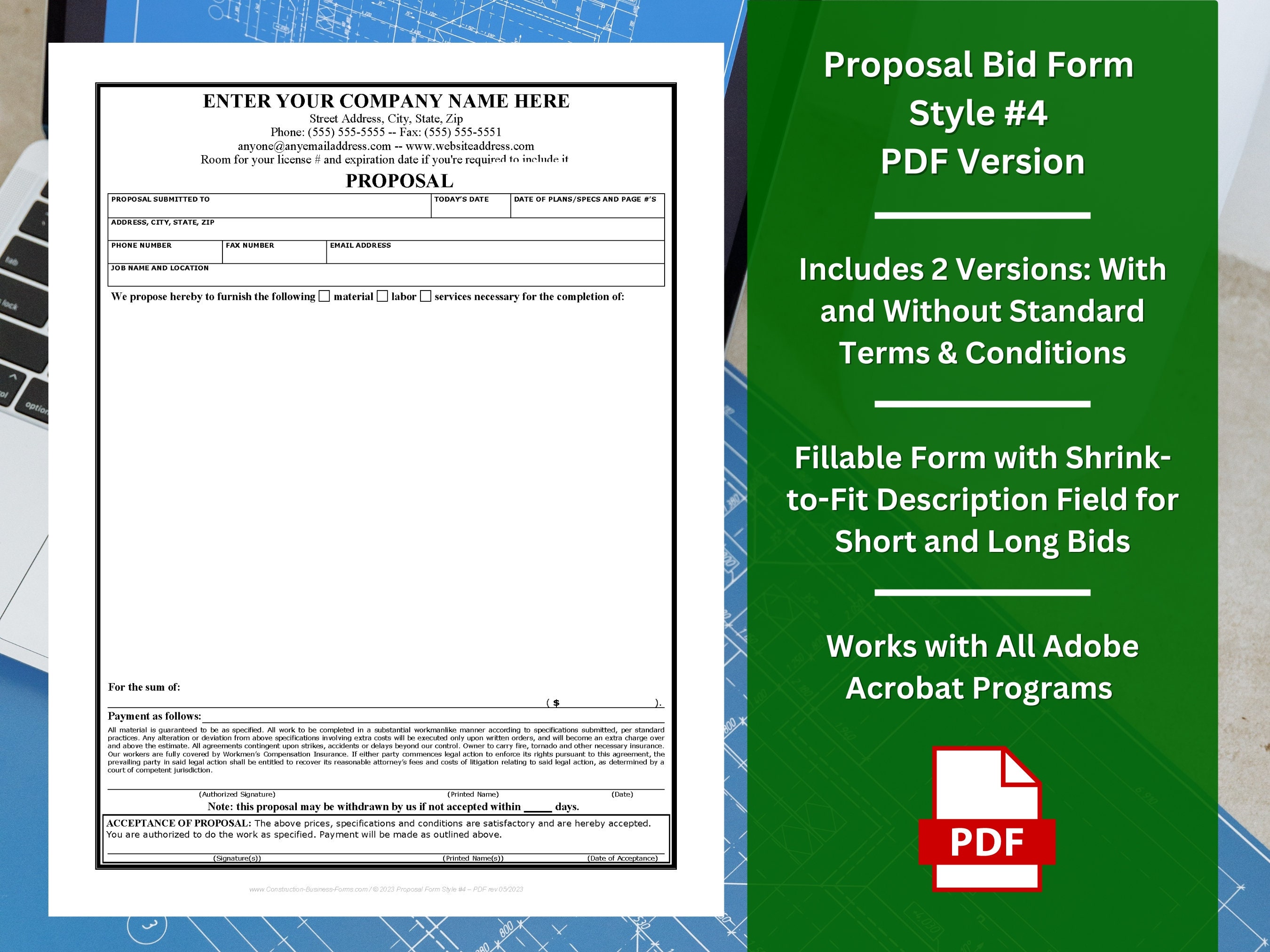 Proposal Bid Form Template W/ Fully Editable Standard Terms ...