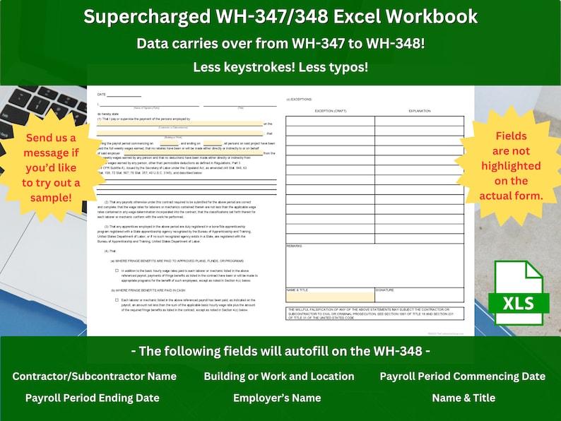 WH-347 & WH-348 Federal Certified Payroll Forms - 164 Autofill Fields ...