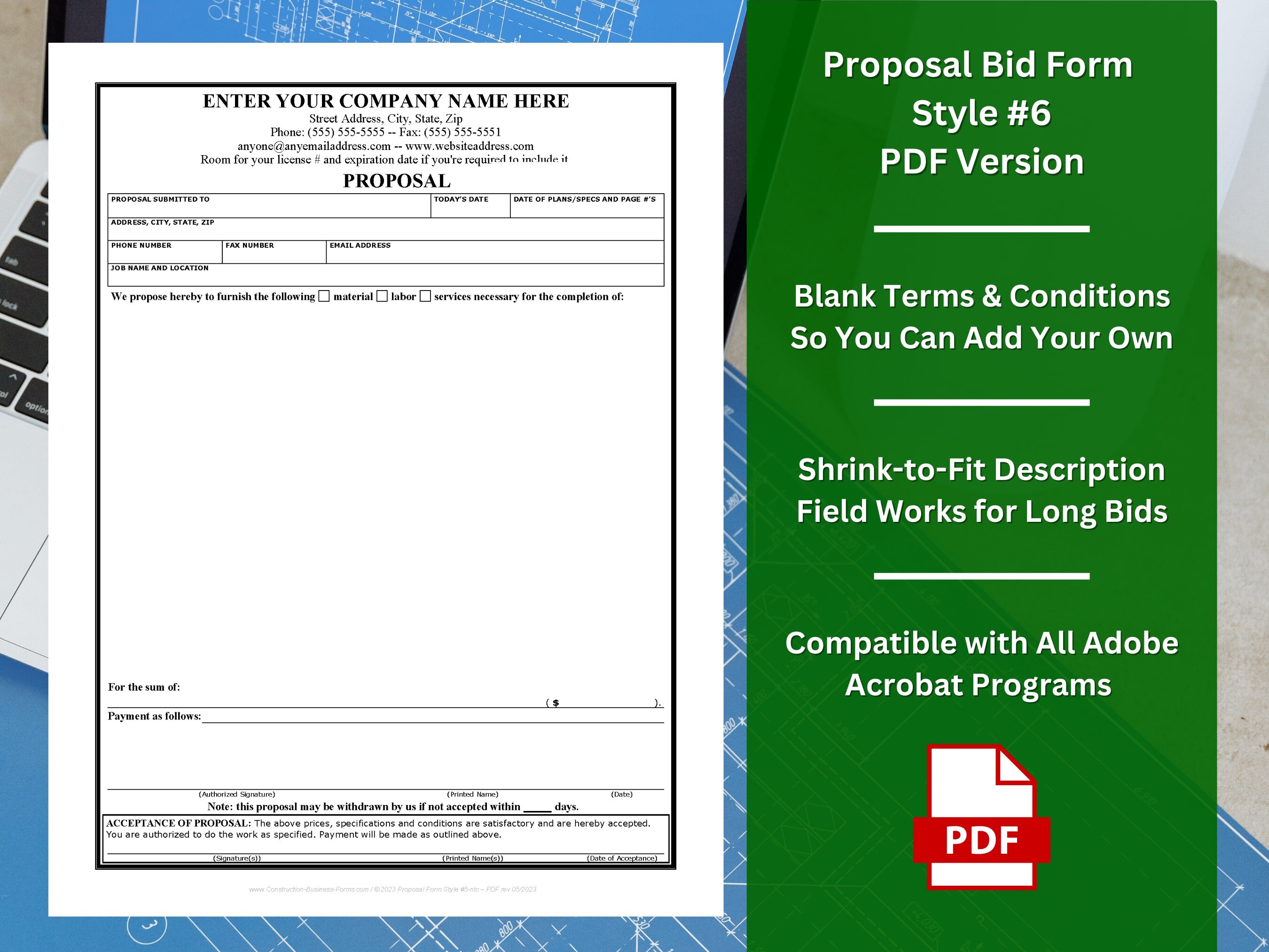 Bid Proposal Template W/ Fillable Terms and Conditions - Style #6 ...