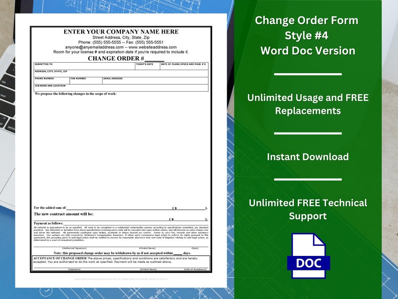 Change Order Form Template W/ Editable Terms & Conditions - Style #4 ...