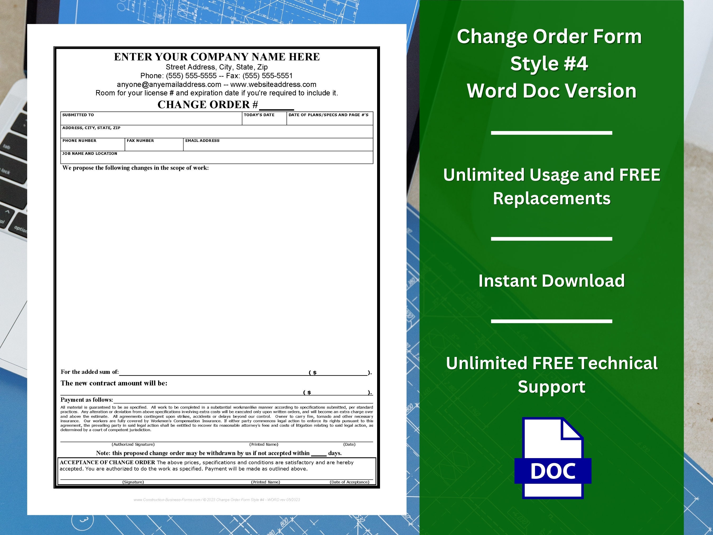 Change Order Form Template W/ Editable Terms & Conditions Style 4 WORD ...