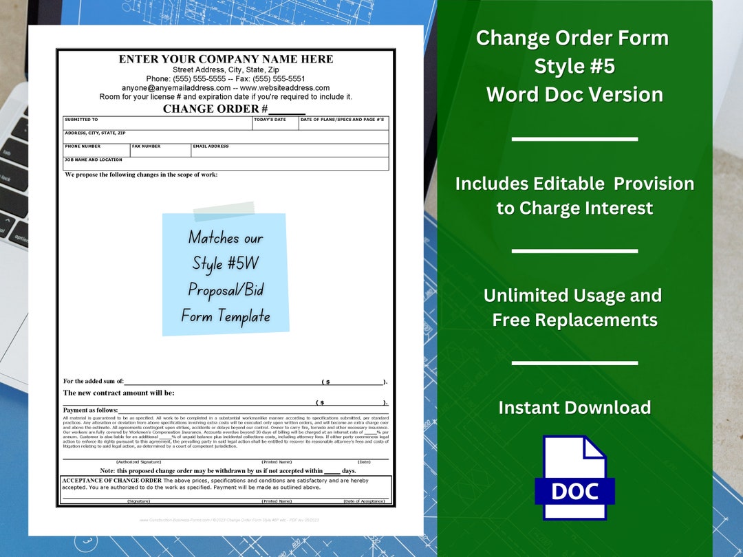 Change Order Form Template W/ Editable Terms and Conditions W ...