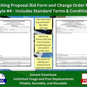 Proposal & Change Order Form Template Set - Style #4 - WORD and PDF | Editable Standard Terms ...