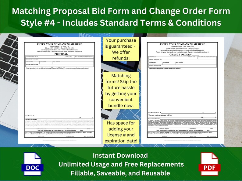 Proposal & Change Order Form Template Set - Style #4 - WORD and PDF ...