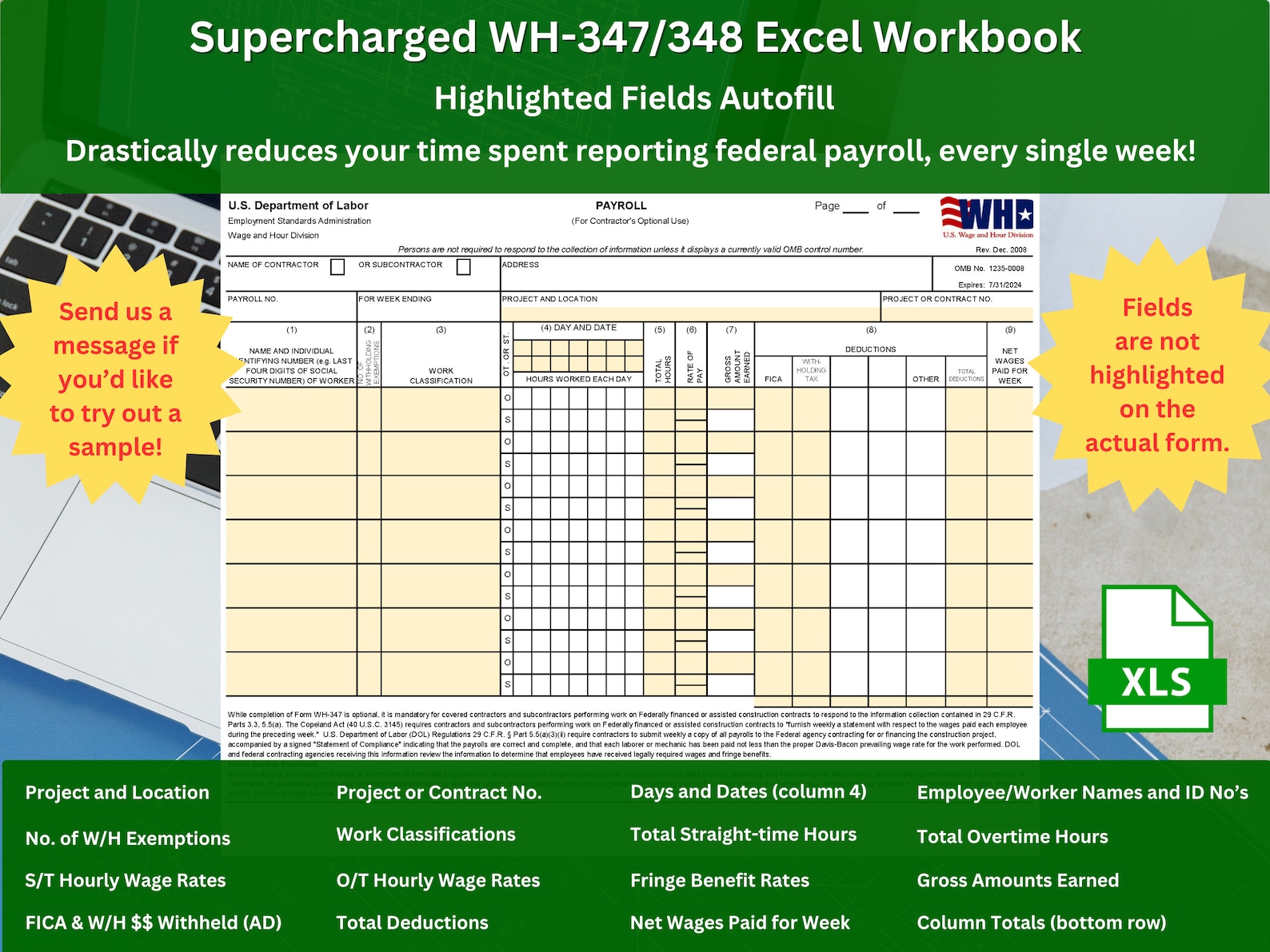 WH-347 & WH-348 Federal Certified Payroll Forms - 164 Autofill Fields ...