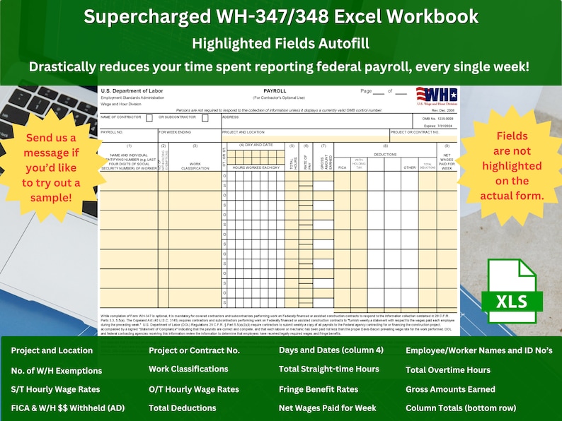 WH-347 & WH-348 Federal Certified Payroll Forms - 164 Autofill Fields ...