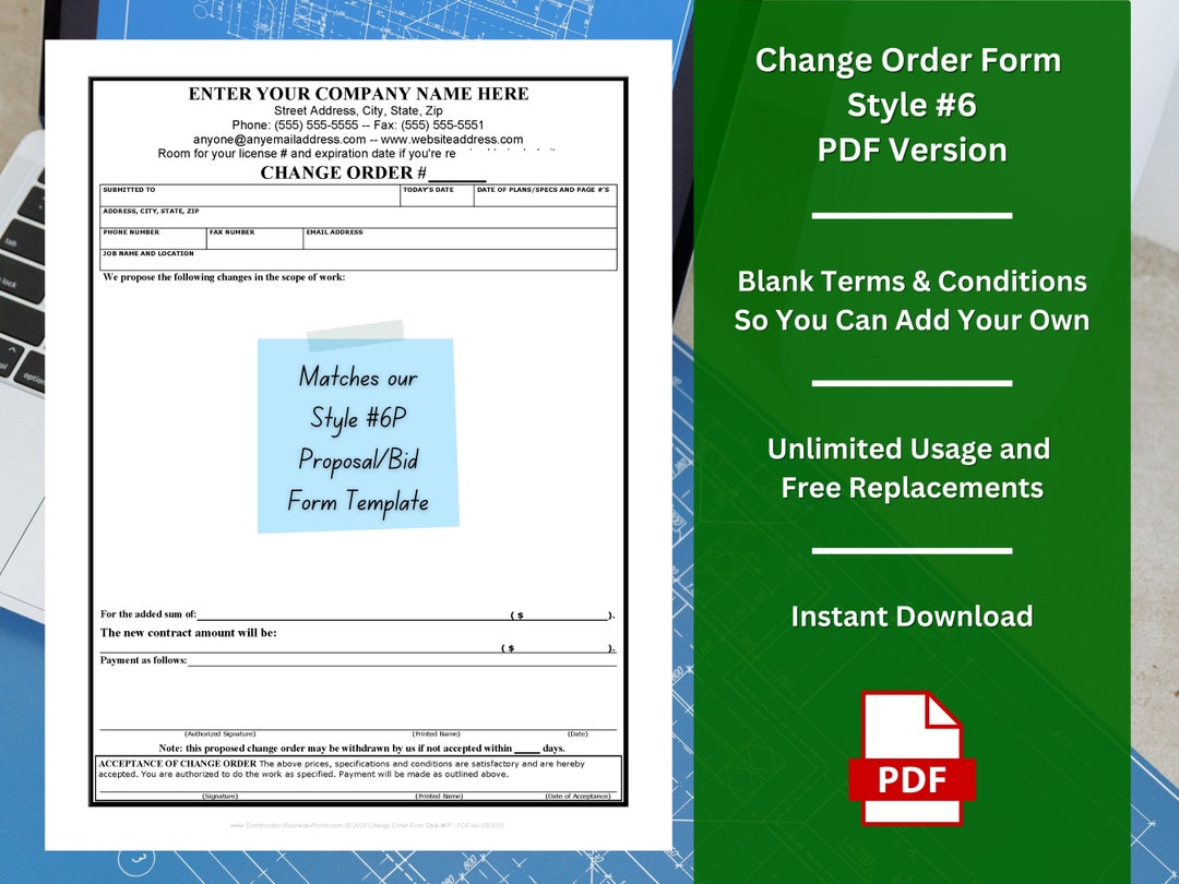 Change Order Form Template W/ Fillable Terms & Conditions Clause ...