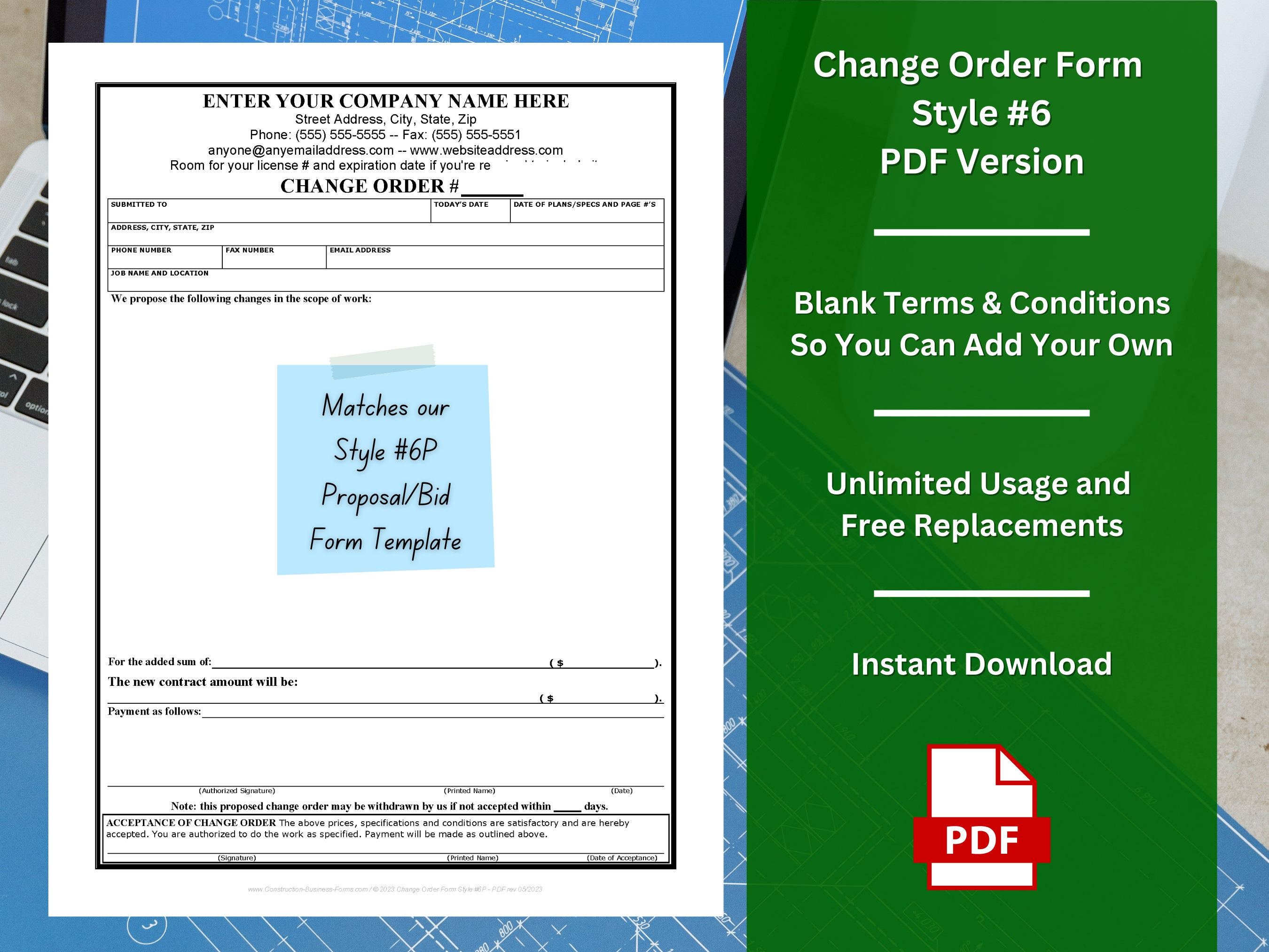 Change Order Form Template W/ Fillable Terms & Conditions Clause ...