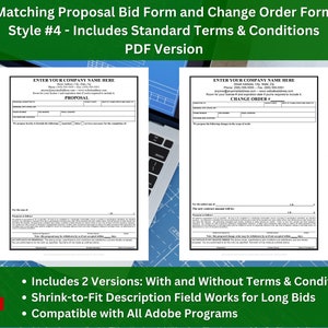 Proposal & Change Order Form Template Set - Style #4 - WORD and PDF | Editable Standard Terms ...