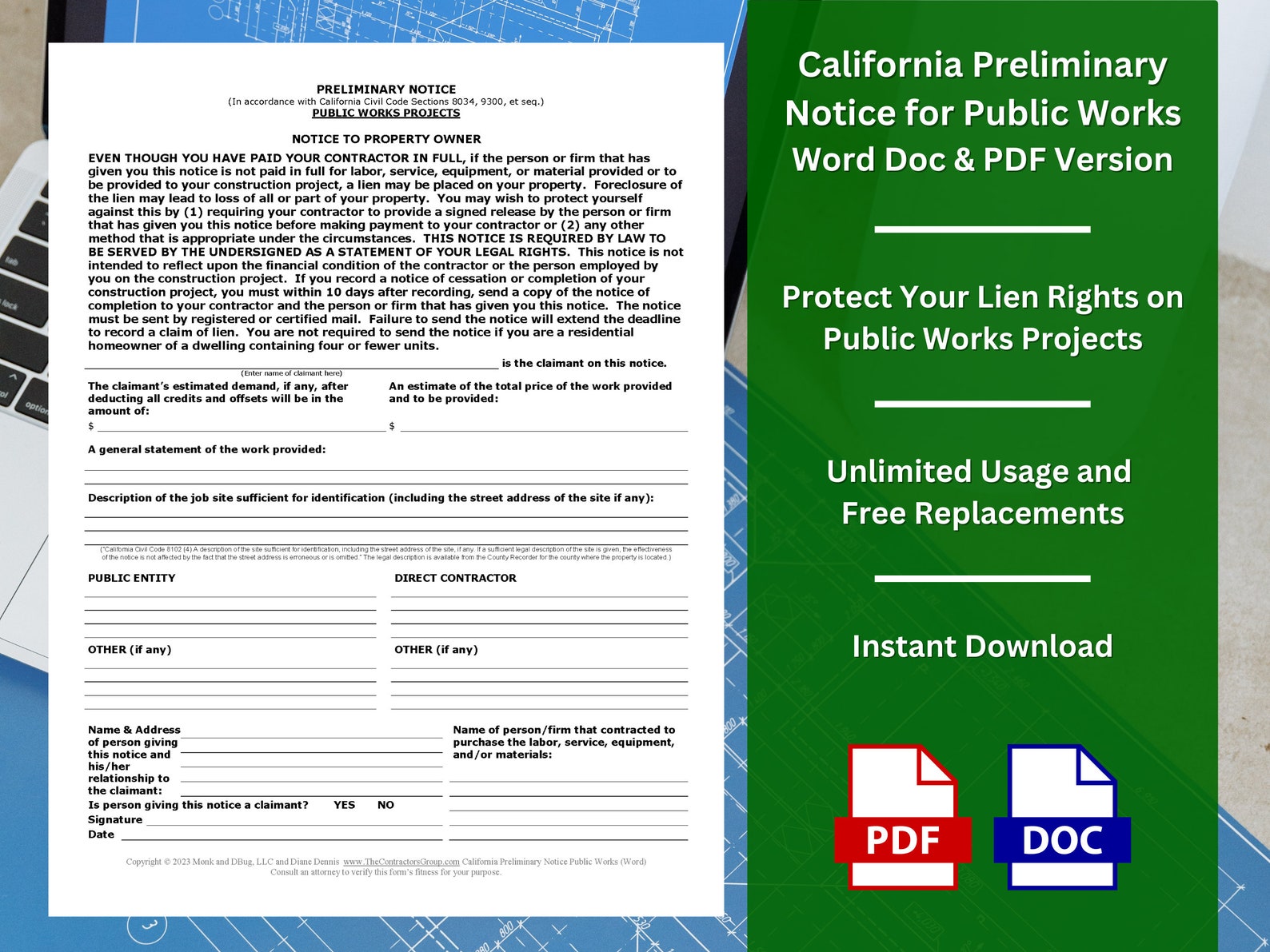 California Preliminary Notice for Public Works Projects Form Aka ...