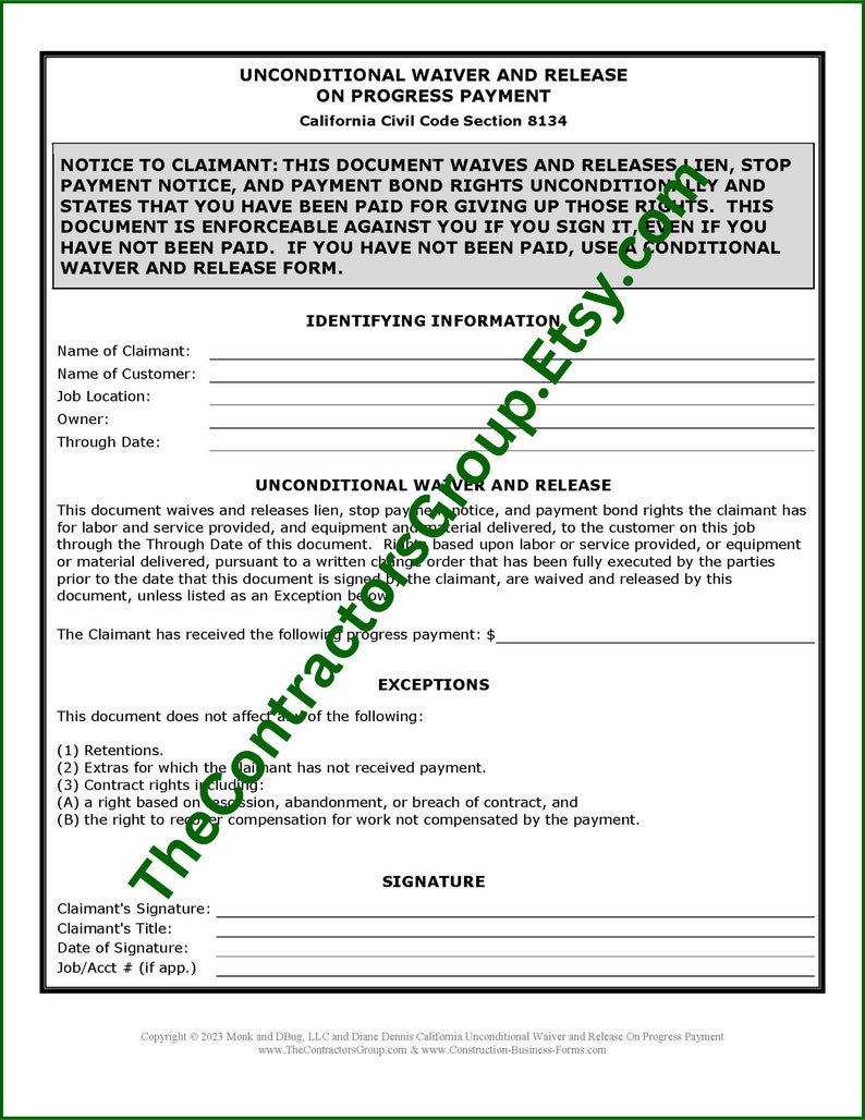 Conditional & Unconditional ALL 4 Waiver Release Forms for Progress and ...