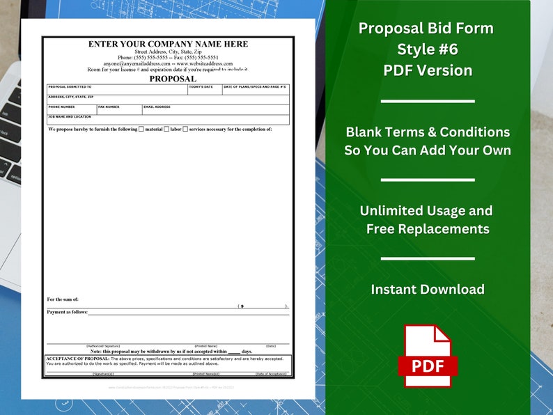 Proposal Bid Form Template W/ Fillable Terms & Conditions Clause ...