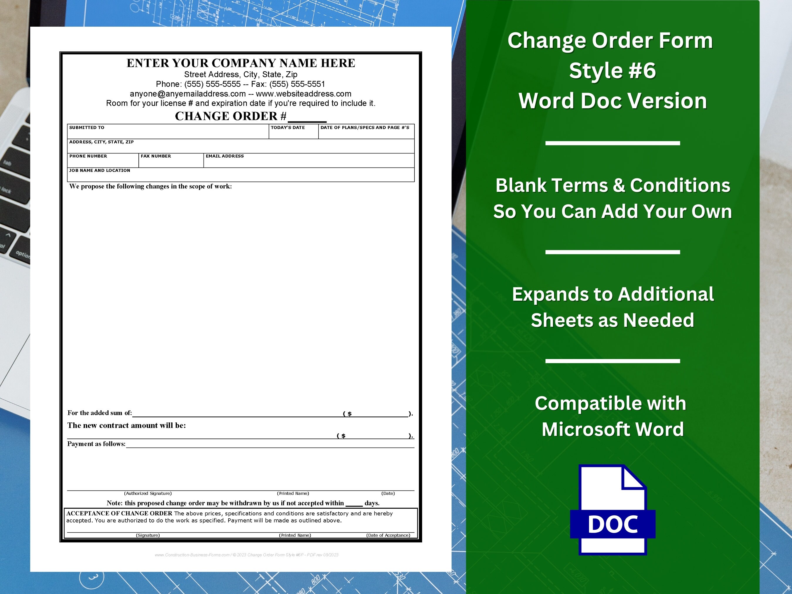 Change Order Form Templates W/ Fillable Terms and Conditions - Style #6 ...