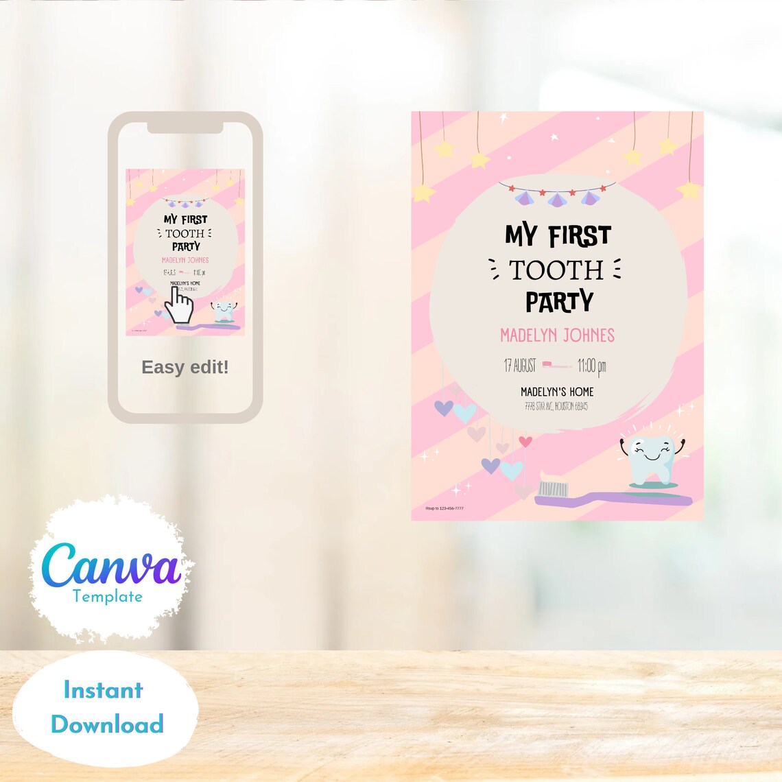 First Tooth Girl Party Invitation, Pink Party Invitation, Editable ...