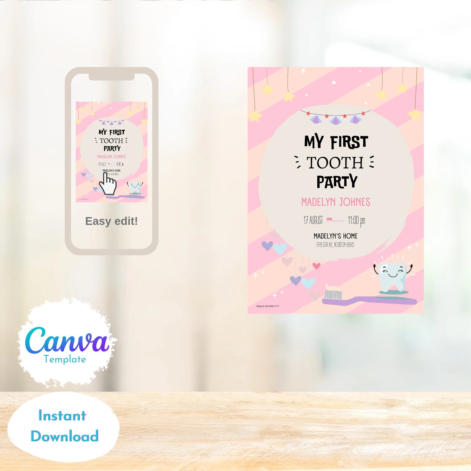 First Tooth Girl Party Invitation, Pink Party Invitation, Editable ...