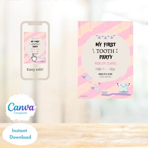 First Tooth Girl Party Invitation, Pink Party Invitation, Editable ...