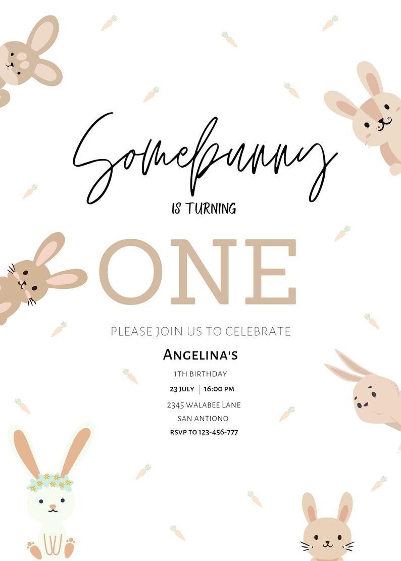 Bunny Birthday Invitation Template, Somebunny is Turning One Birthday ...