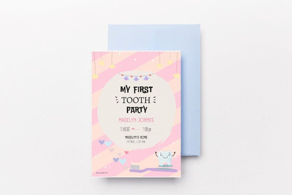 First Tooth Girl Party Invitation, Pink Party Invitation, Editable ...