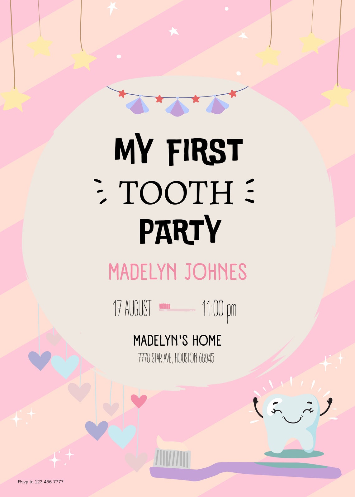 First Tooth Girl Party Invitation, Pink Party Invitation, Editable ...