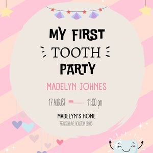 First Tooth Girl Party Invitation, Pink Party Invitation, Editable ...