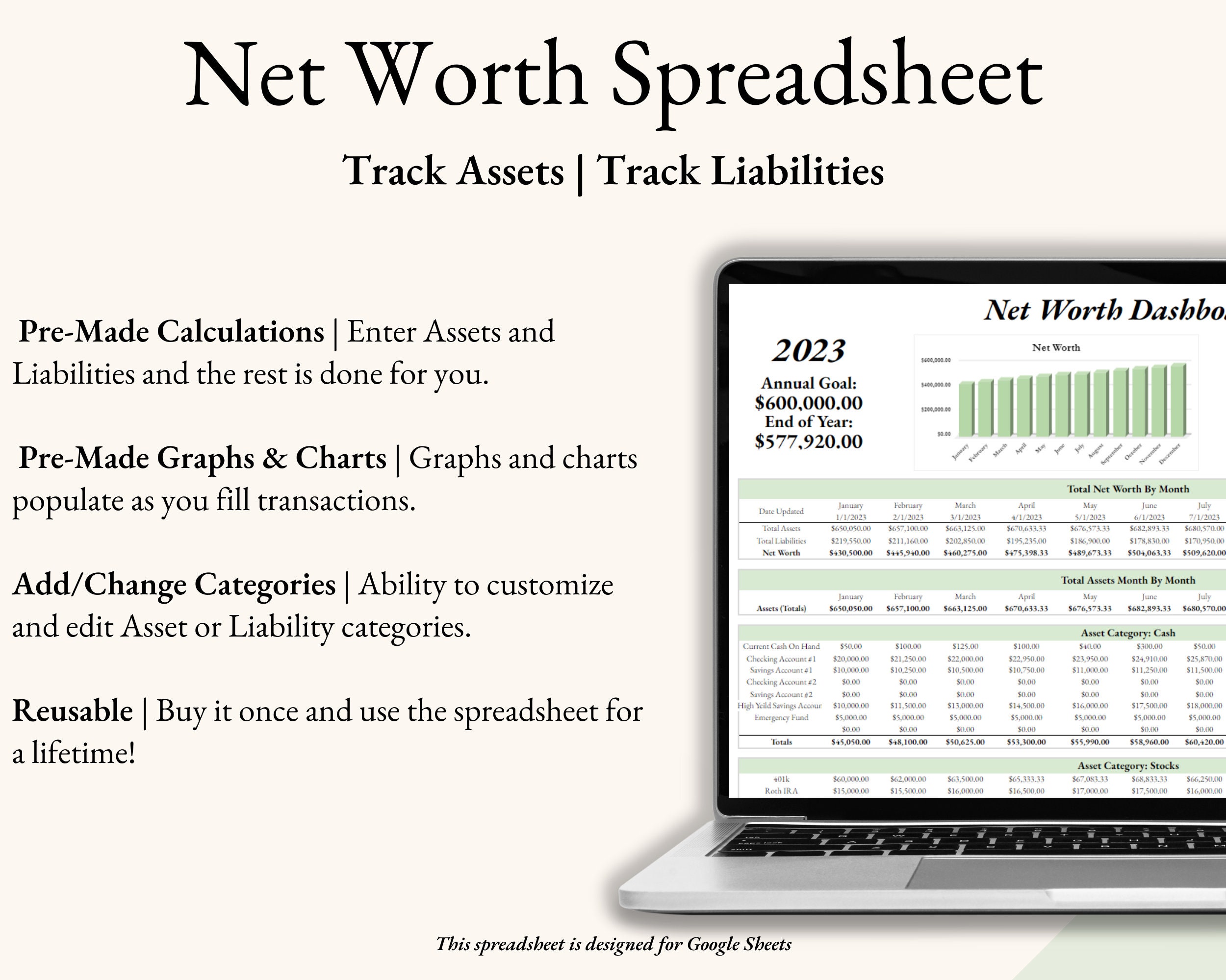 Net Worth Tracker for Google Sheets, Net Worth Spreadsheet, Assets ...