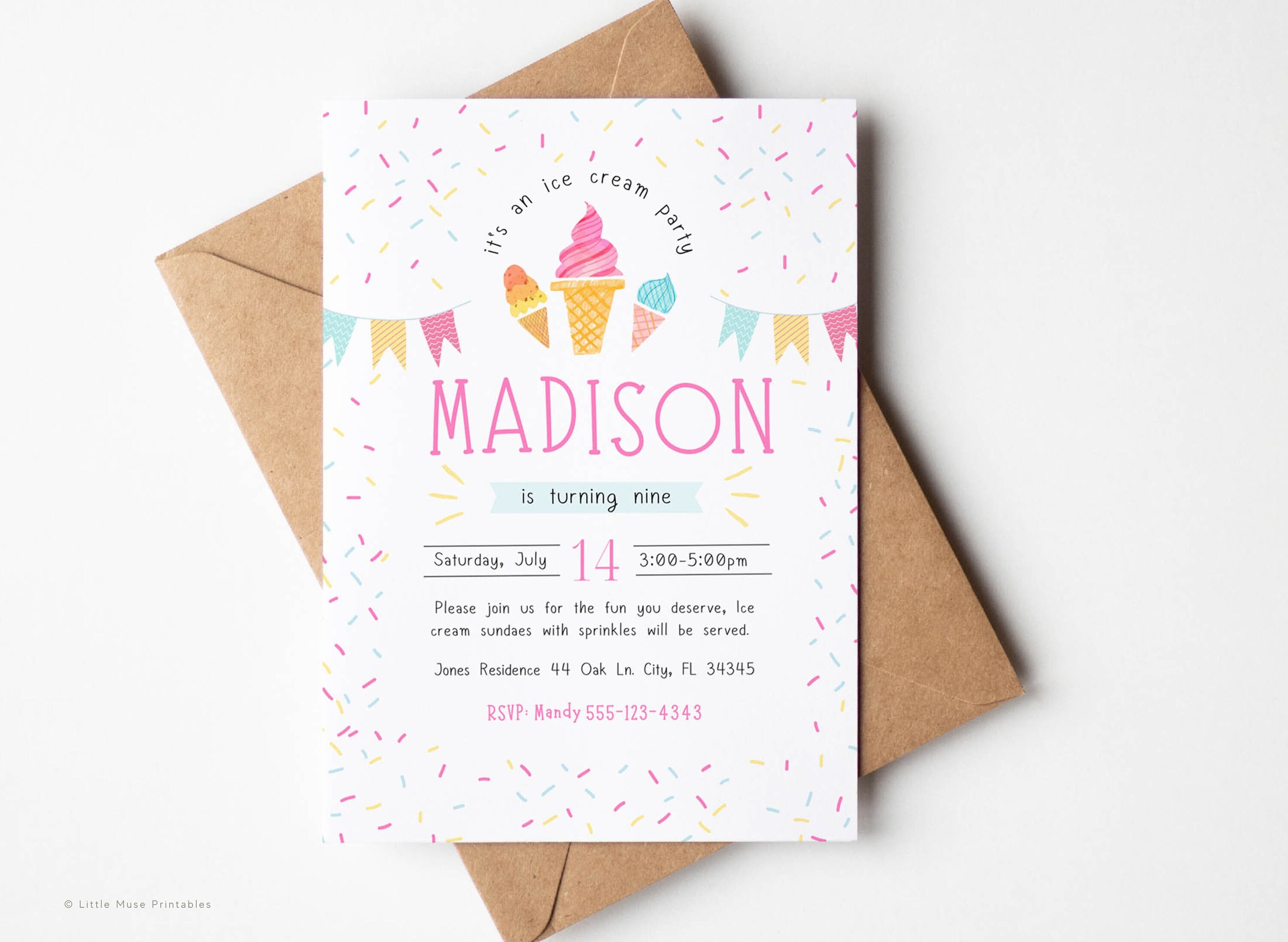 Editable Ice Cream Birthday Invitation, Girls Ice Cream Party Invite ...