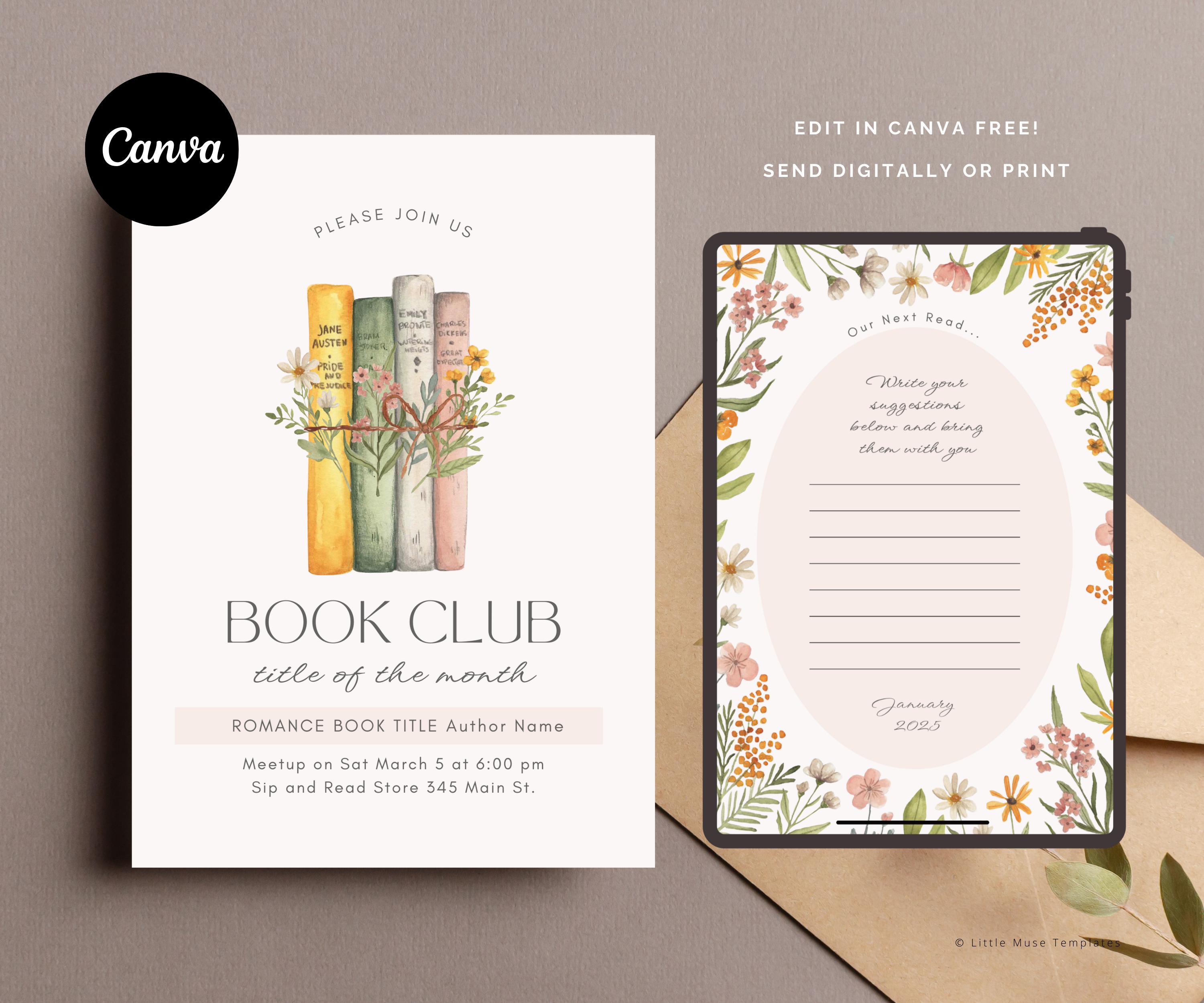 Book Club Party Invitation for Canva, Editable Book Club Invite, Book ...