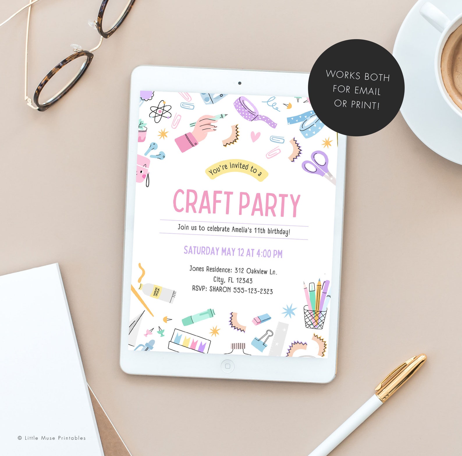 Girls Craft Party Invitation for Canva, Editable Arts and Crafts ...