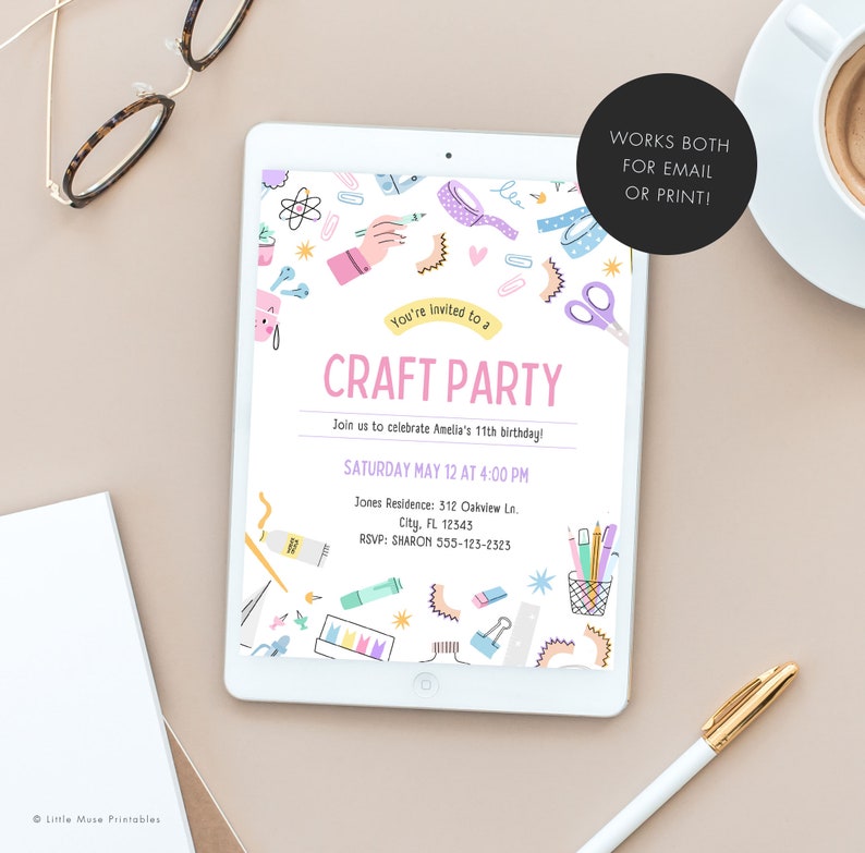 Girls Craft Party Invitation for Canva, Editable Arts and Crafts ...