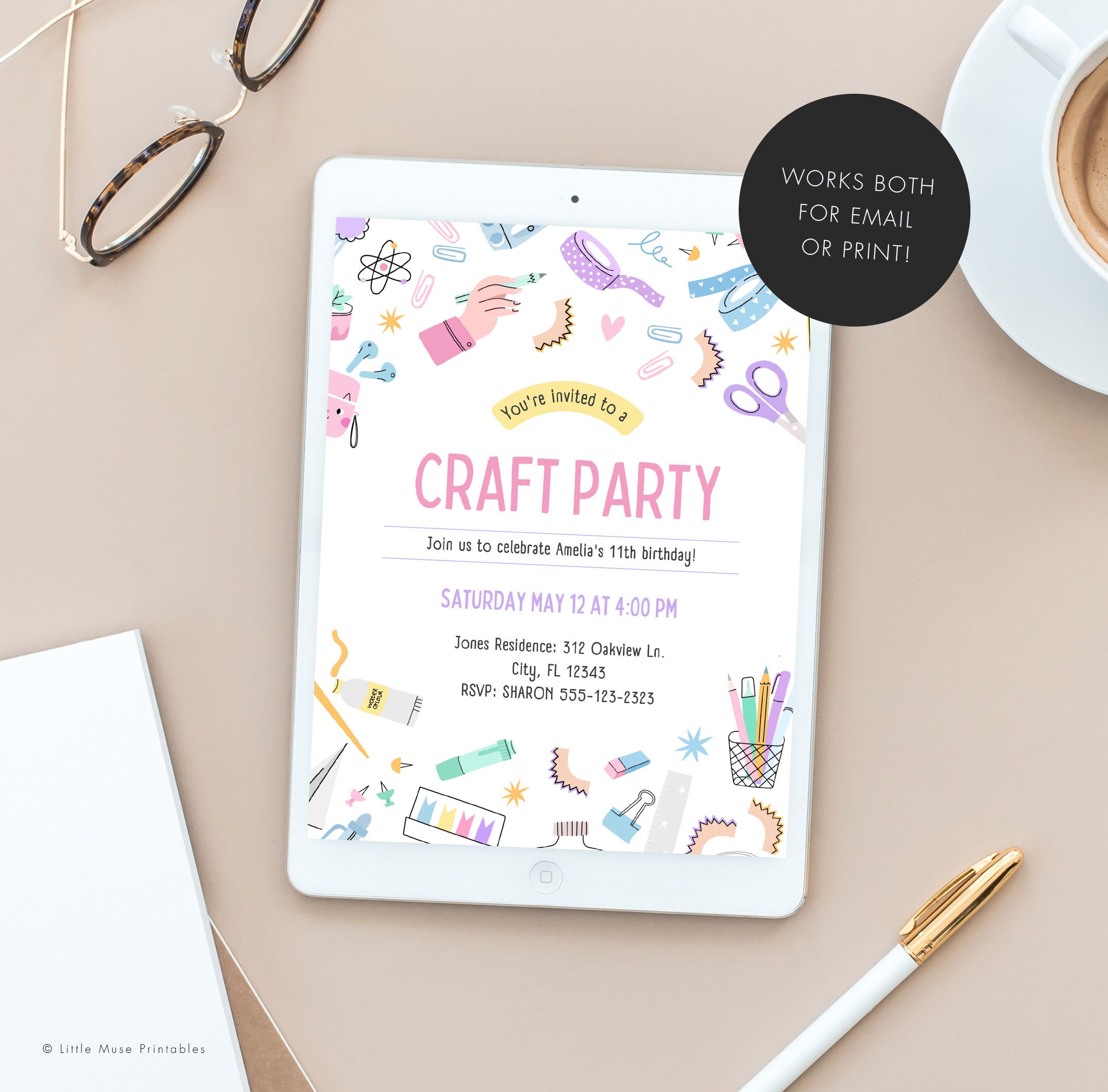 Girls Craft Party Invitation for Canva, Editable Arts and Crafts ...
