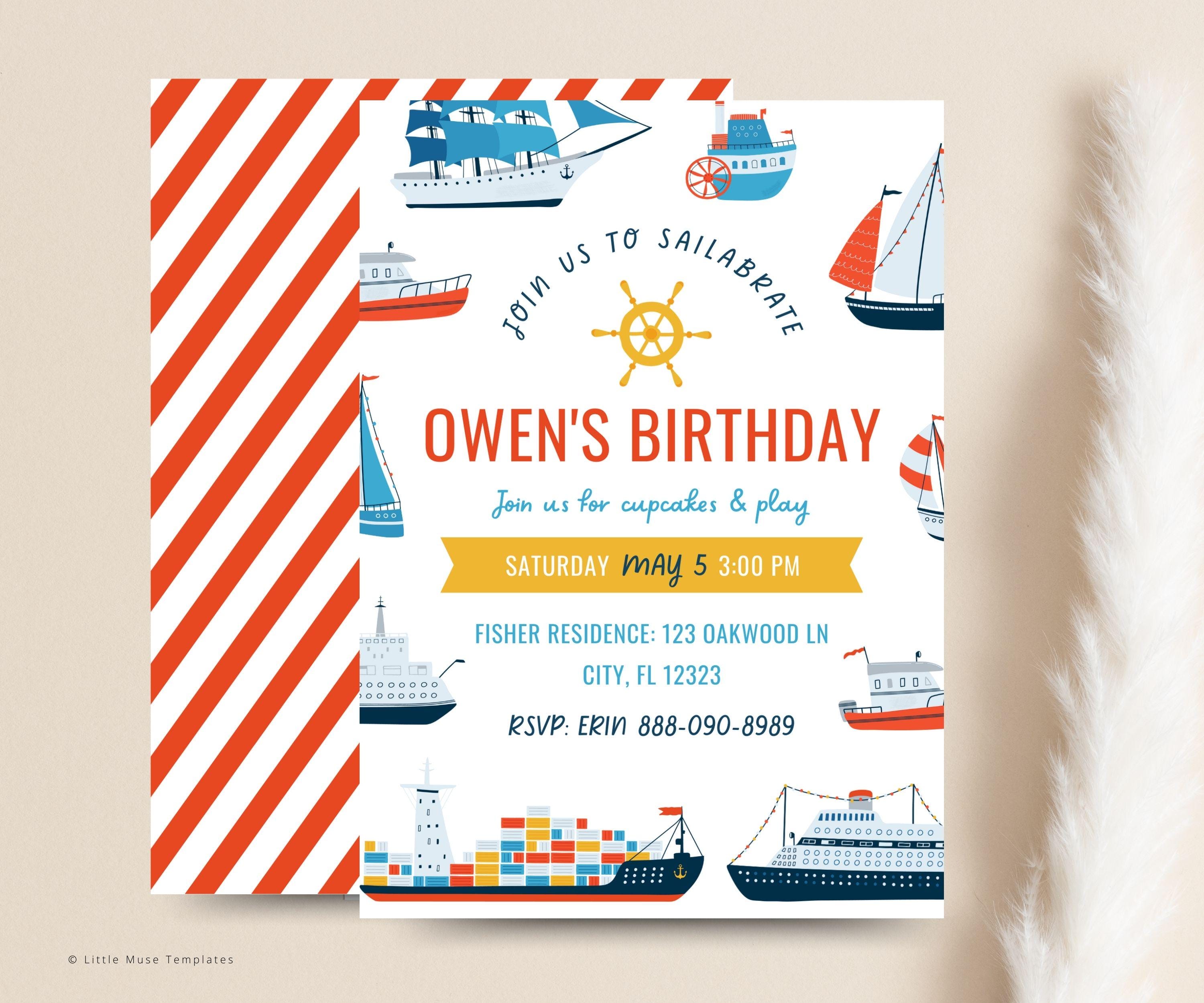 Nautical Birthday Invitation Template for Canva, Ships and Boat Modern ...