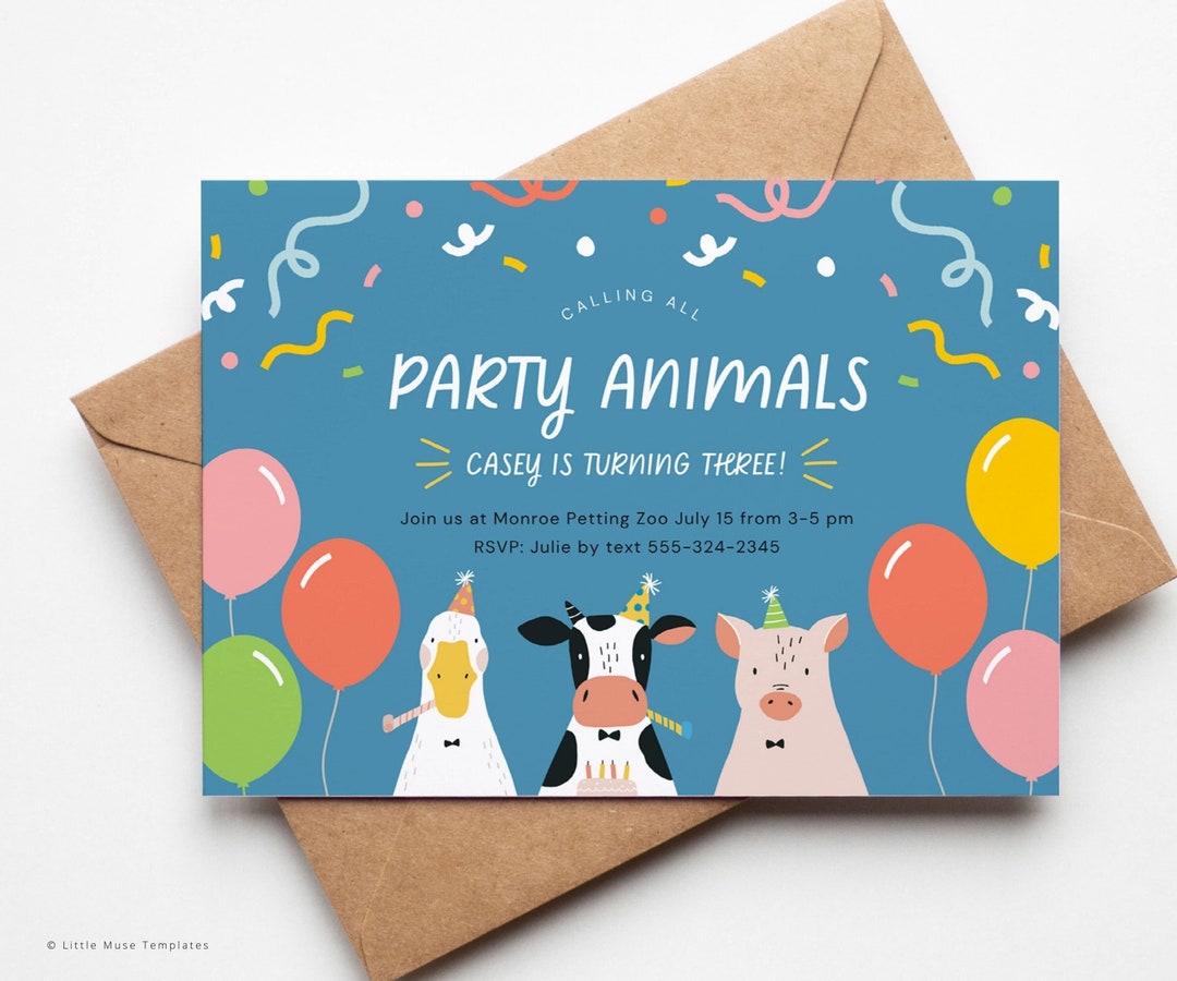 Party Animal Birthday Invitation - Cute Animal Party Invitation ...