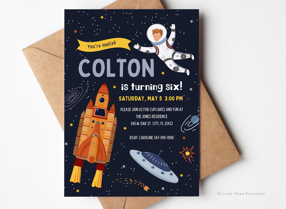 Space Themed Birthday Invitation for CANVA, EDITABLE Kids Galaxy Party ...