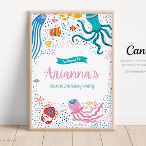 Editable Sea Life Birthday Welcome Sign: Ocean Party Decor (canva ...